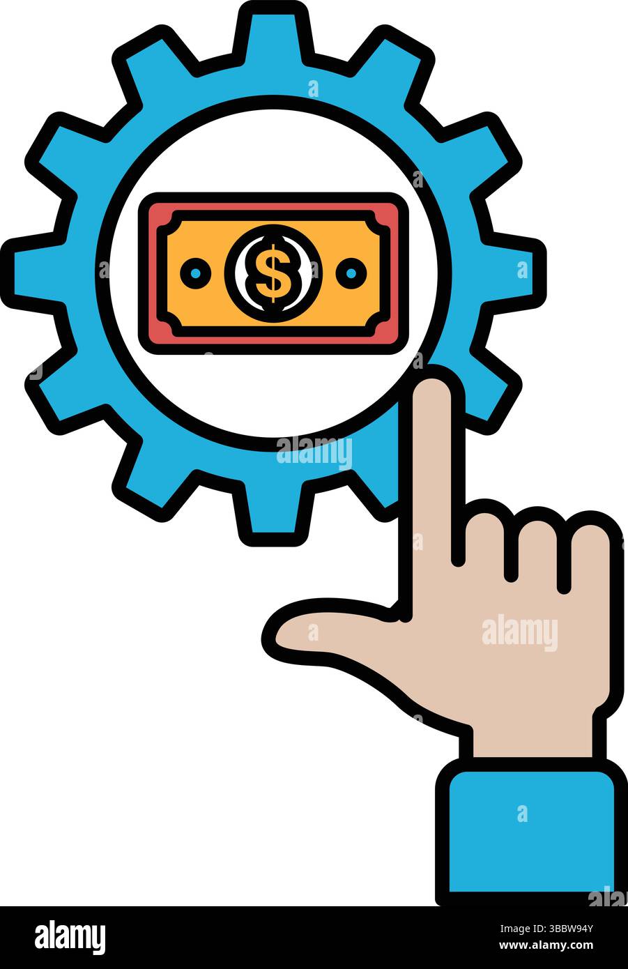 A hand pointing to a dollar bill on a blue wheel. The dollar bill is ...