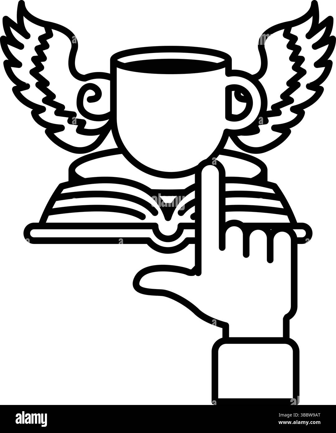 A hand pointing to a cup with wings on top of it. The cup is on a book ...