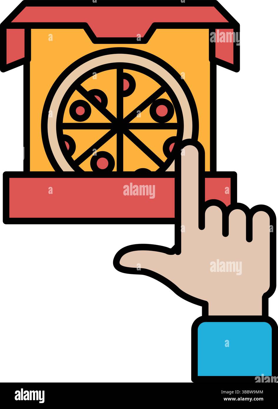 A hand pointing to a pizza box with a pizza inside. The pizza is cut ...