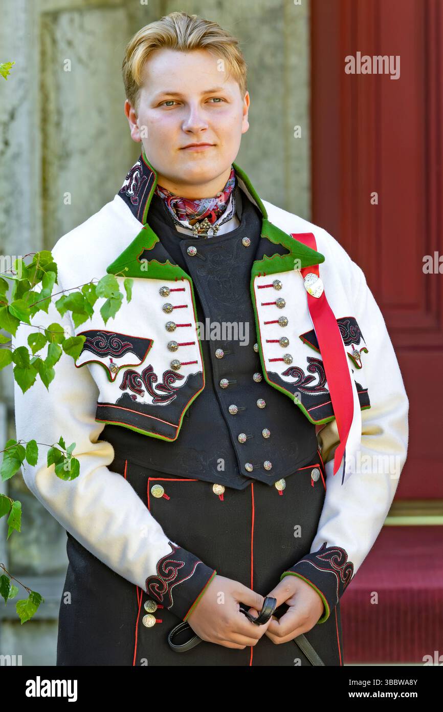 Asker, Norway 17 May 2025 Crown Prince Sverre Magnus greets the children parada outside their ...