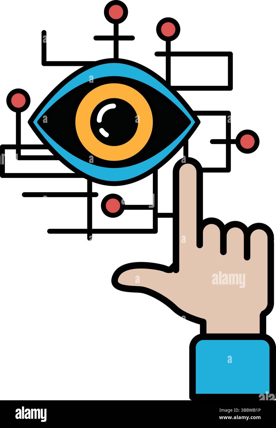 A hand pointing at an eye with a blue background. The eye is yellow and ...