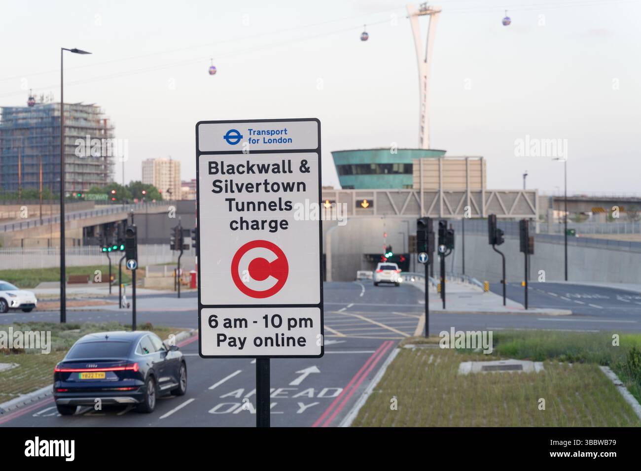 Road charge warning sign at Silvertown Tunnel entrance reads 'Blackwall ...