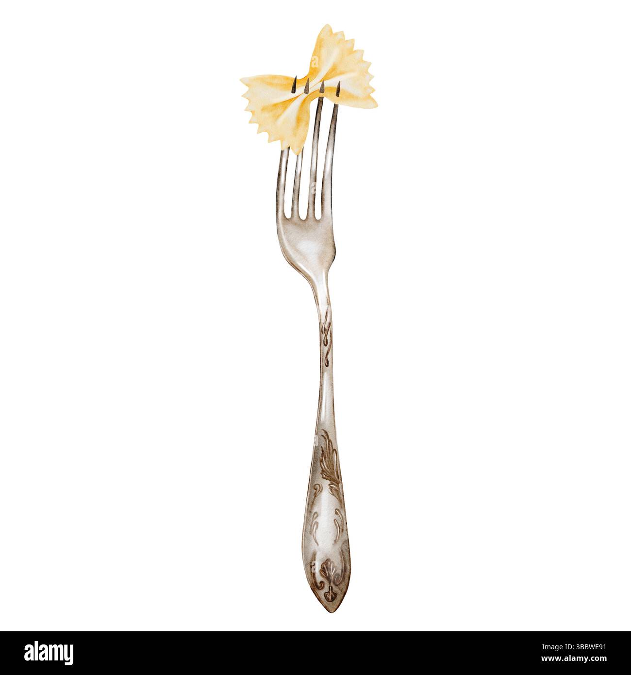 Fork with farfalle watercolor illustration. Hand drawn italian macaroni ...