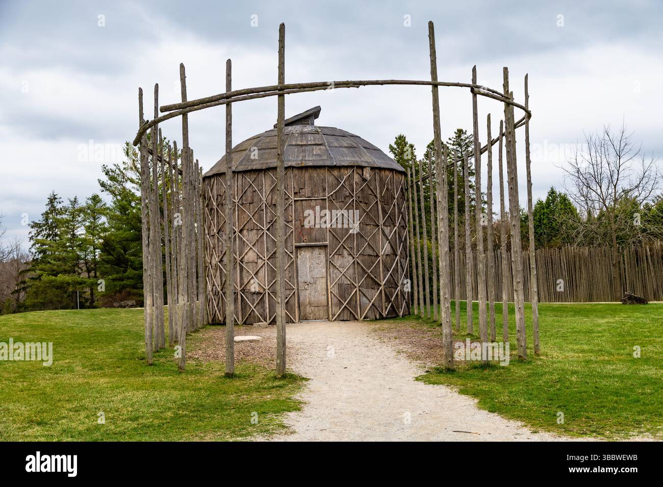 A long house in a reconstructed 15th century Iroquoian village. Milton ...
