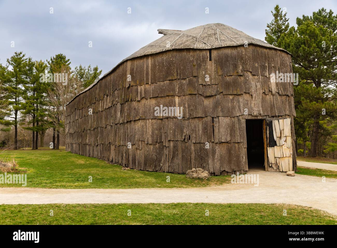 A long house in a reconstructed 15th century Iroquoian village. Milton ...