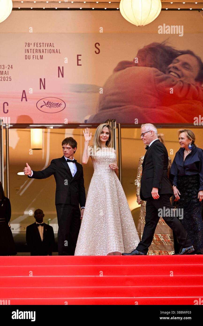 Italy. 16th May, 2025. Finn Bennet, Angelina Jolie, Thierry Fremaux ...