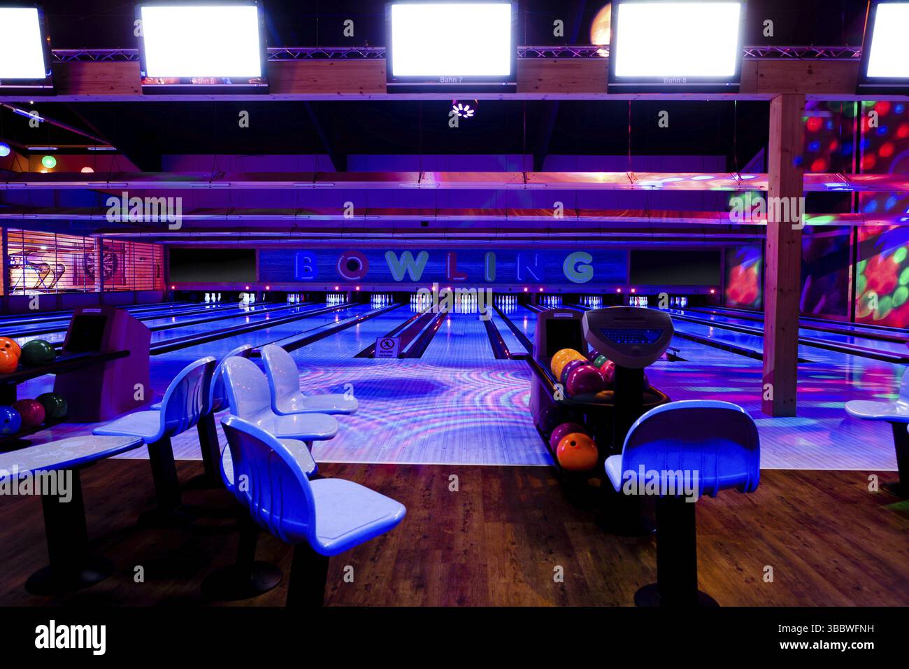 Inside shuts of the bowling center Stock Photo - Alamy