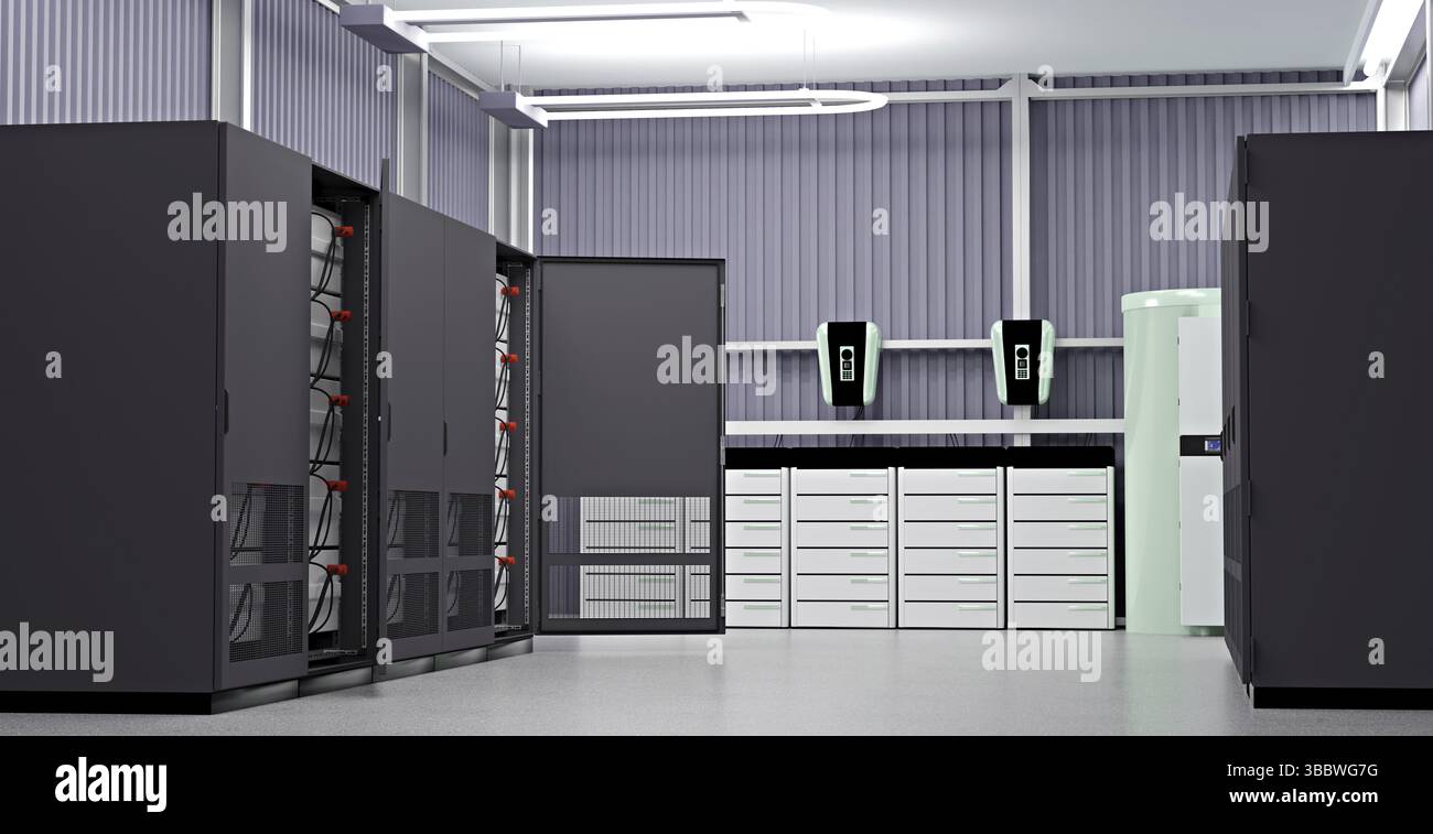 A modern battery storage for small business, 3D illustration Stock ...