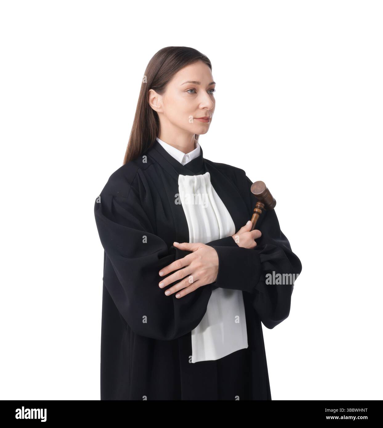 Portrait of judge with mallet on white background Stock Photo - Alamy