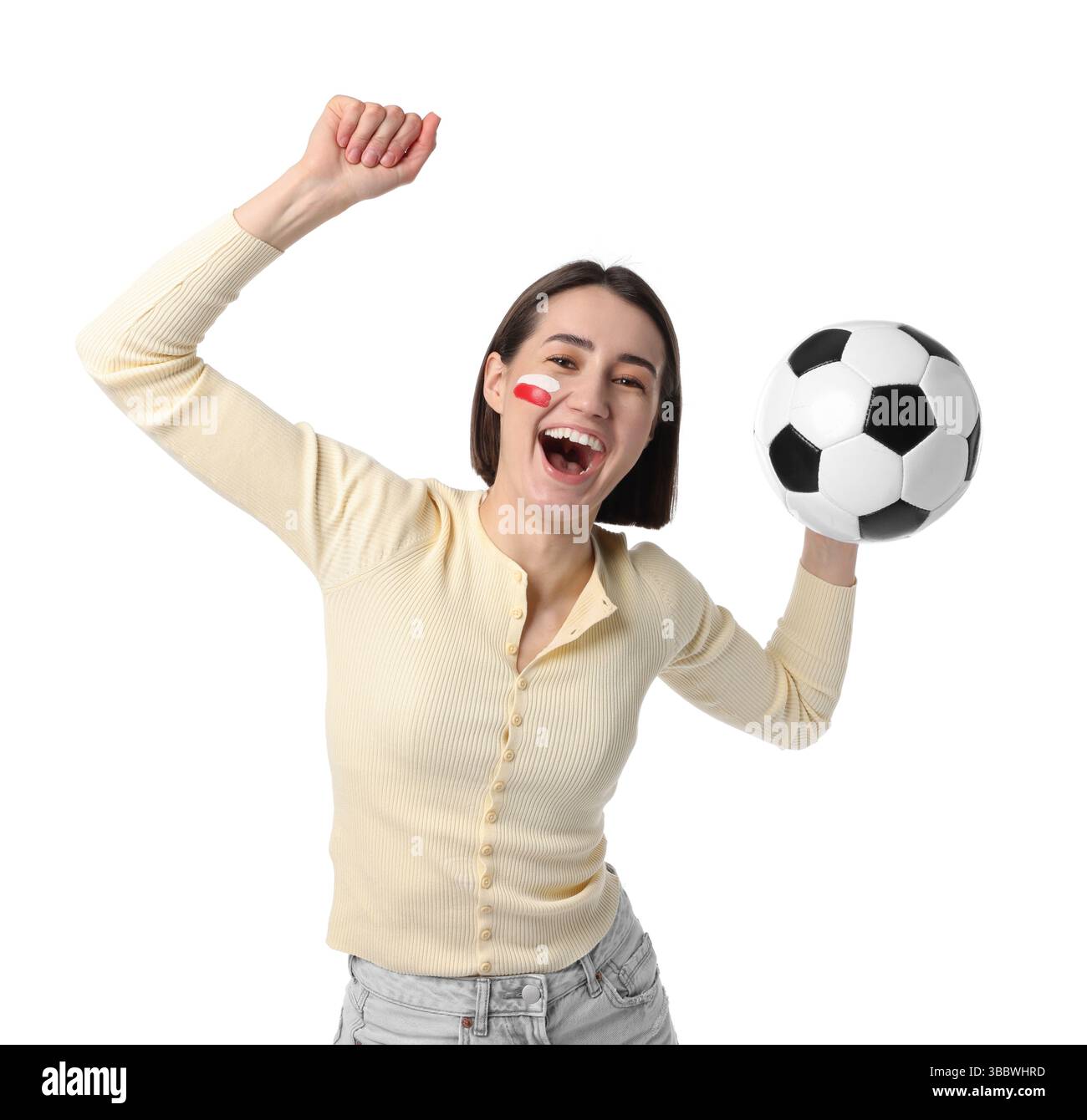 Emotional sports fan with drawing of Polish flag and soccer ball on ...