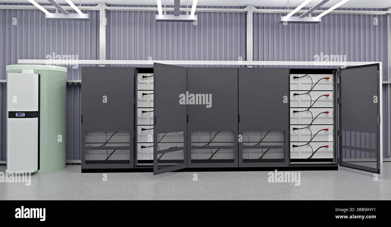 A modern battery storage for small business, 3D illustration Stock ...