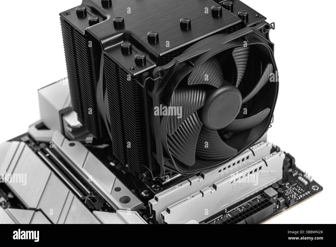 CPU air cooler with a large heatsink and fan installed on a modern ...
