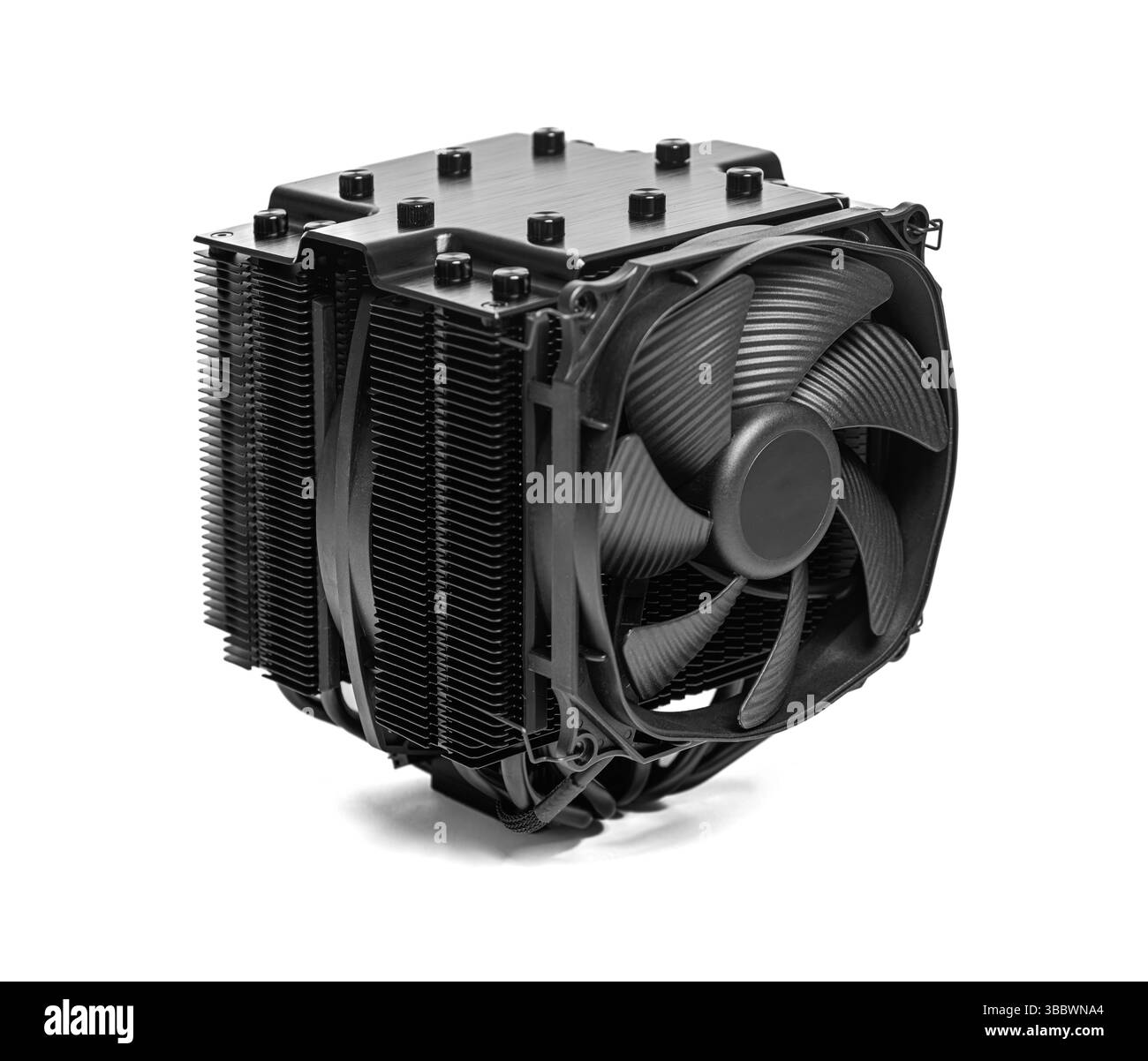 Black CPU tower cooler with a large fan and multiple heat pipes ...