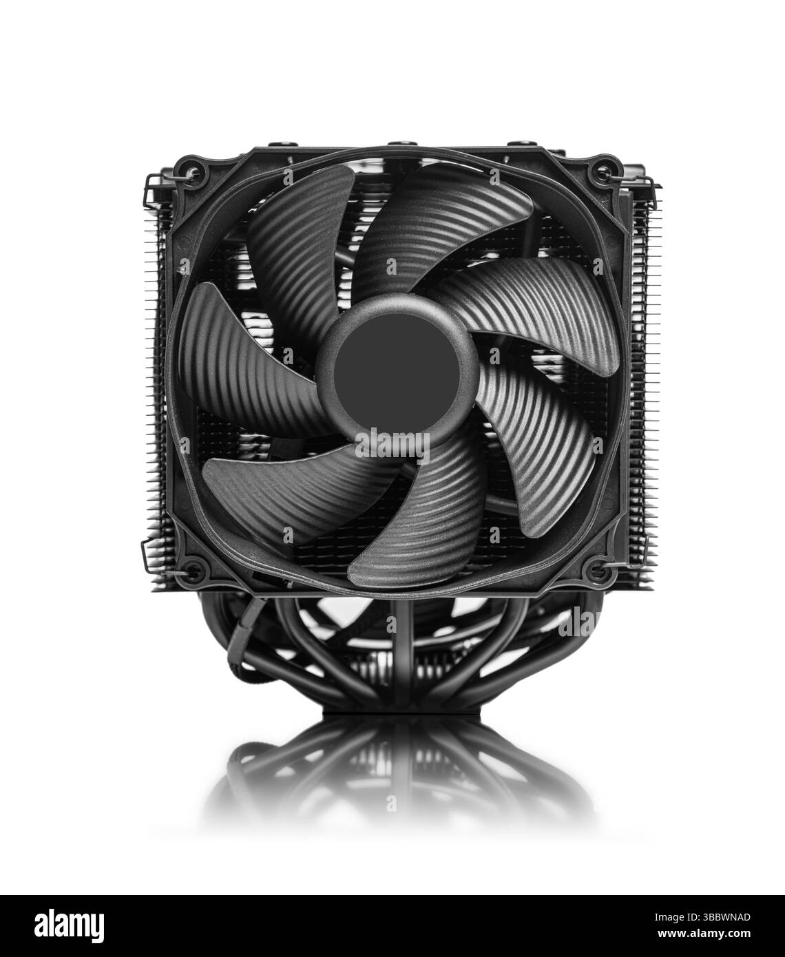 Black CPU tower cooler with a large fan and multiple heat pipes ...