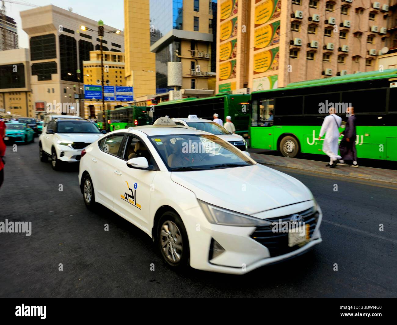 Mecca, Saudi Arabia, June 9 2024: Mecca Makkah Taxi, used to transport Hajj pilgrims inside and ...