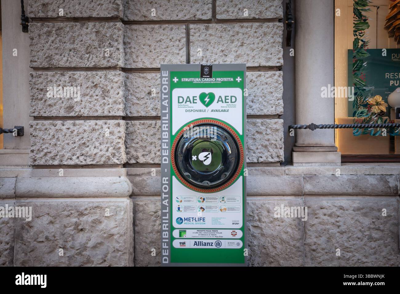 TRIESTE, ITALY - DECEMBER 17, 2024: Wall-mounted DAE/AED cabinet grants ...