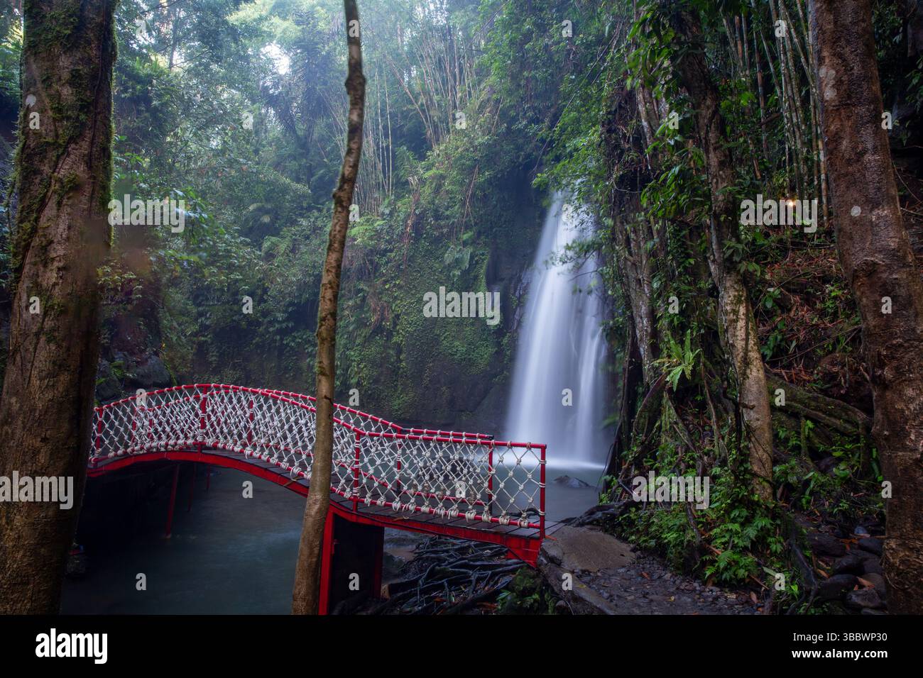 Ulu Petanu Waterfall with it's Red Bridge in Indonesia Stock Photo - Alamy