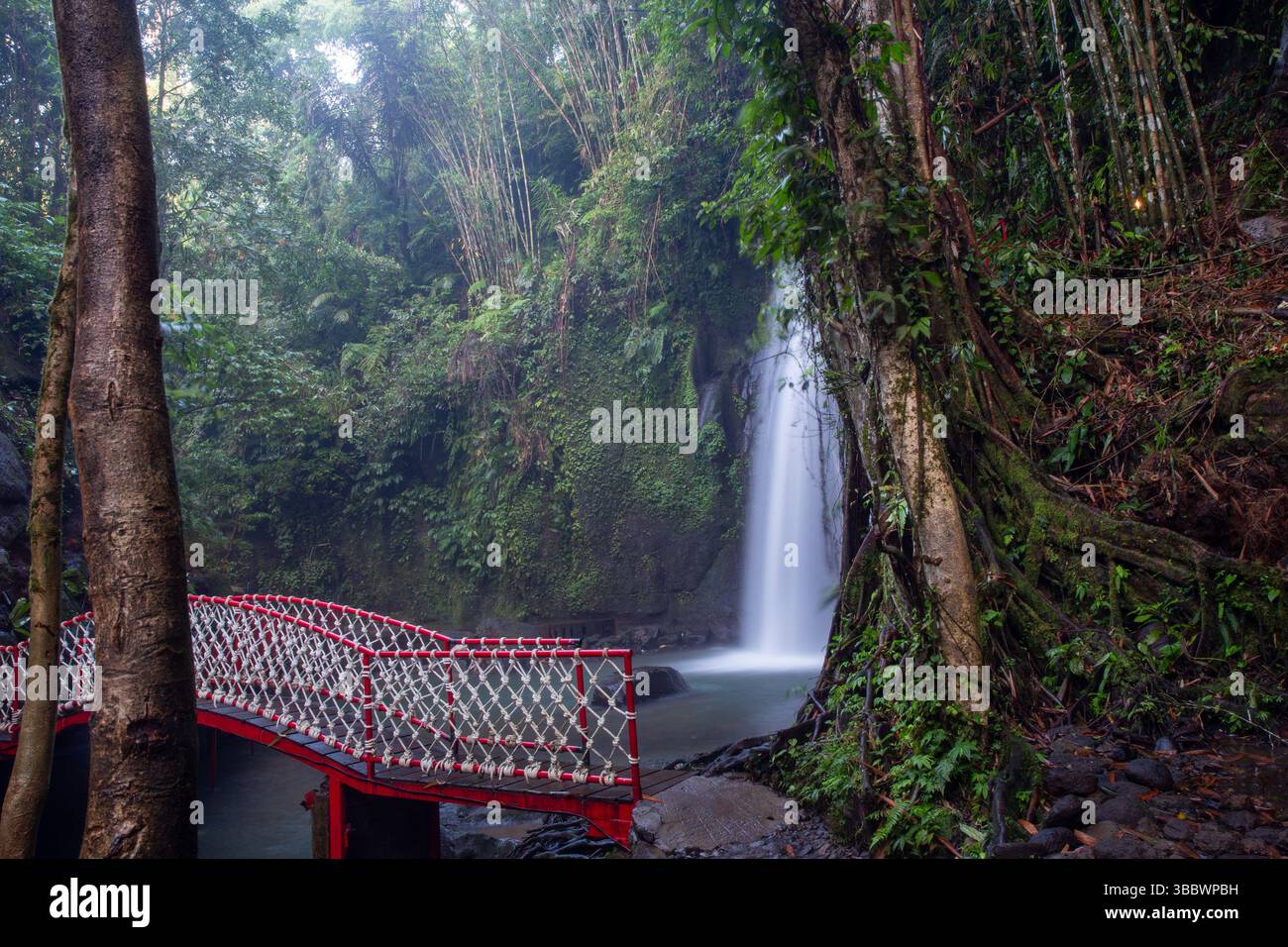 Ulu Petanu Waterfall with it's Red Bridge in Indonesia Stock Photo - Alamy