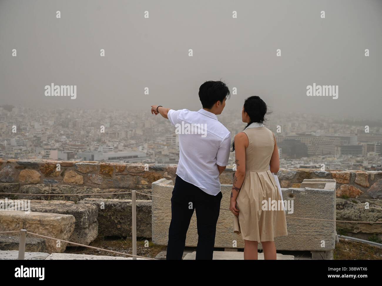Athens, Greece, 16 May 2025. Visitors look over the city while Athens ...