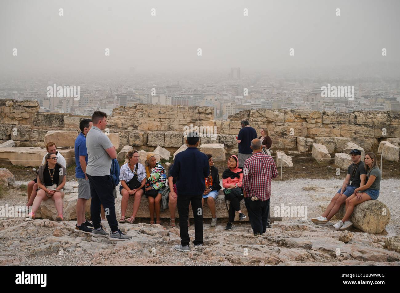 Athens, Greece, 16 May 2025. Visitors gather in Acropolis while Athens ...