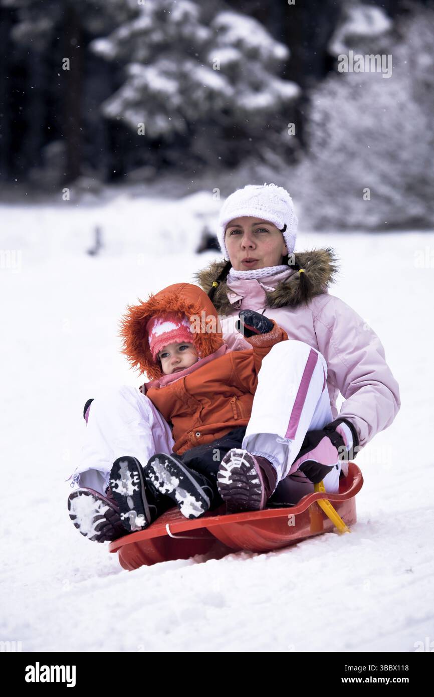 Winter activities. family in the winter forest Stock Photo - Alamy