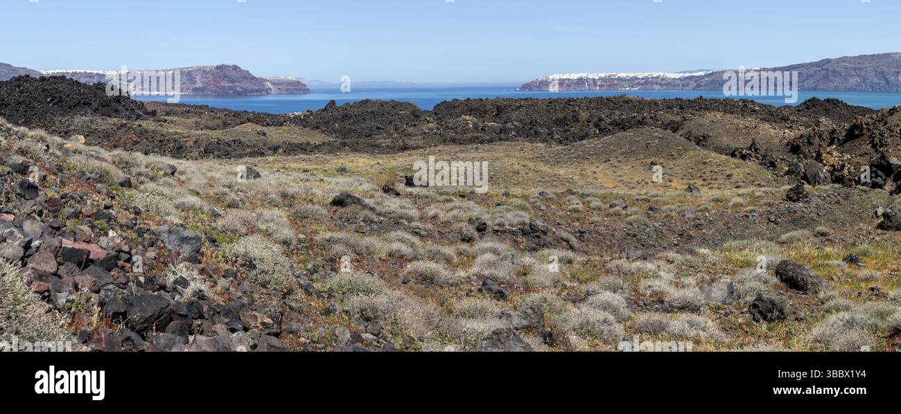 Lava scree, view of the caldera from the volcanic island of Nea Kameni ...