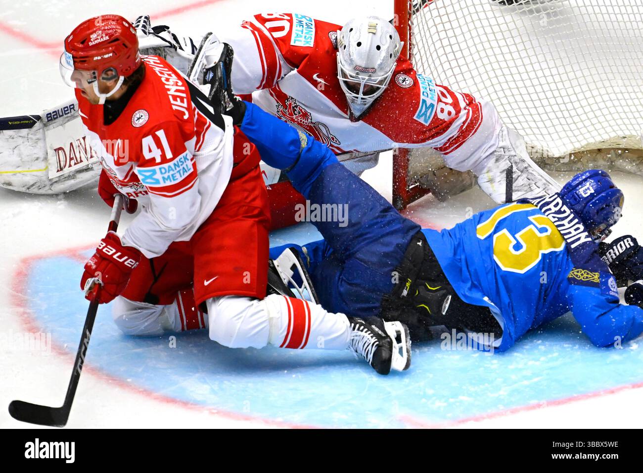 Herning, Denmark. 14th May, 2025. Goalkeeper Frederik Dichow, Denmark, Dinmukhamed Kaiyrzhan ...