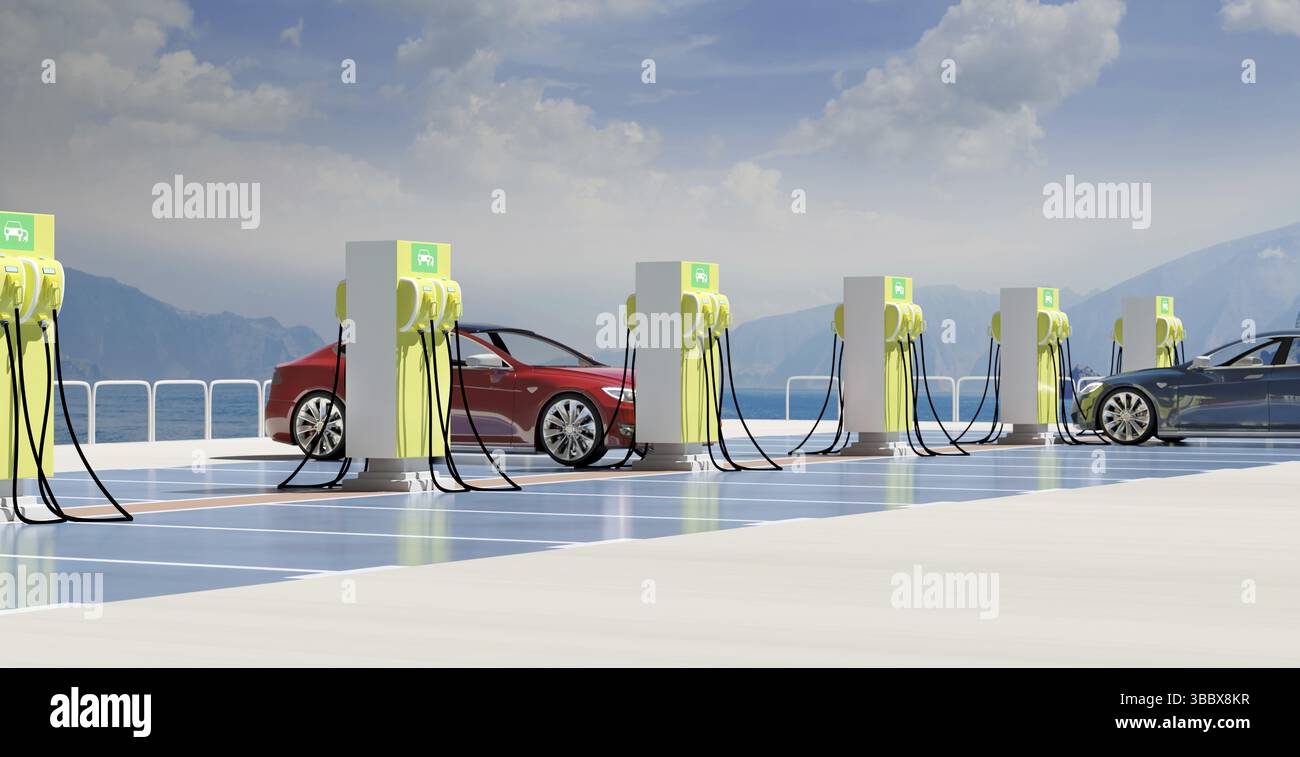 EV charging point on parking space, 3D illustration Stock Photo - Alamy