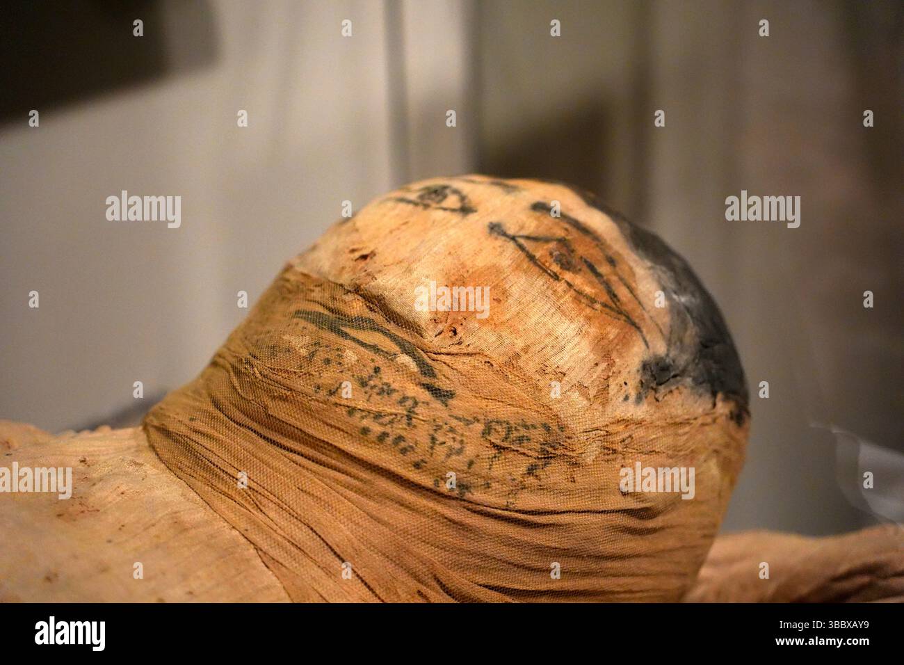 TURIN, ITALY - MAY 14 2025 - Painted face mummy at The Egyptian museum ...