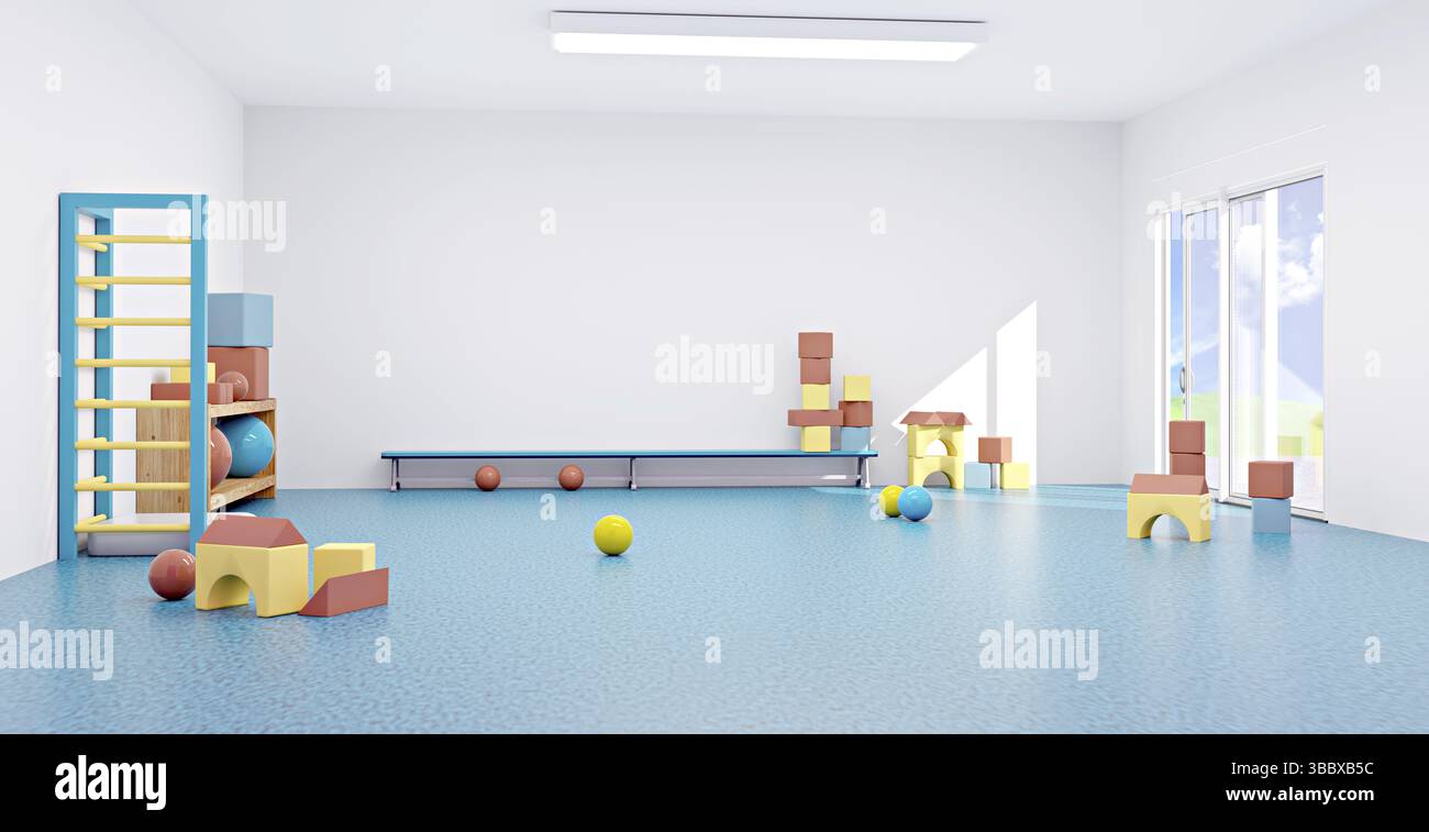 Sports and gymnastics hall in a kindergarten, 3D illustration Stock ...