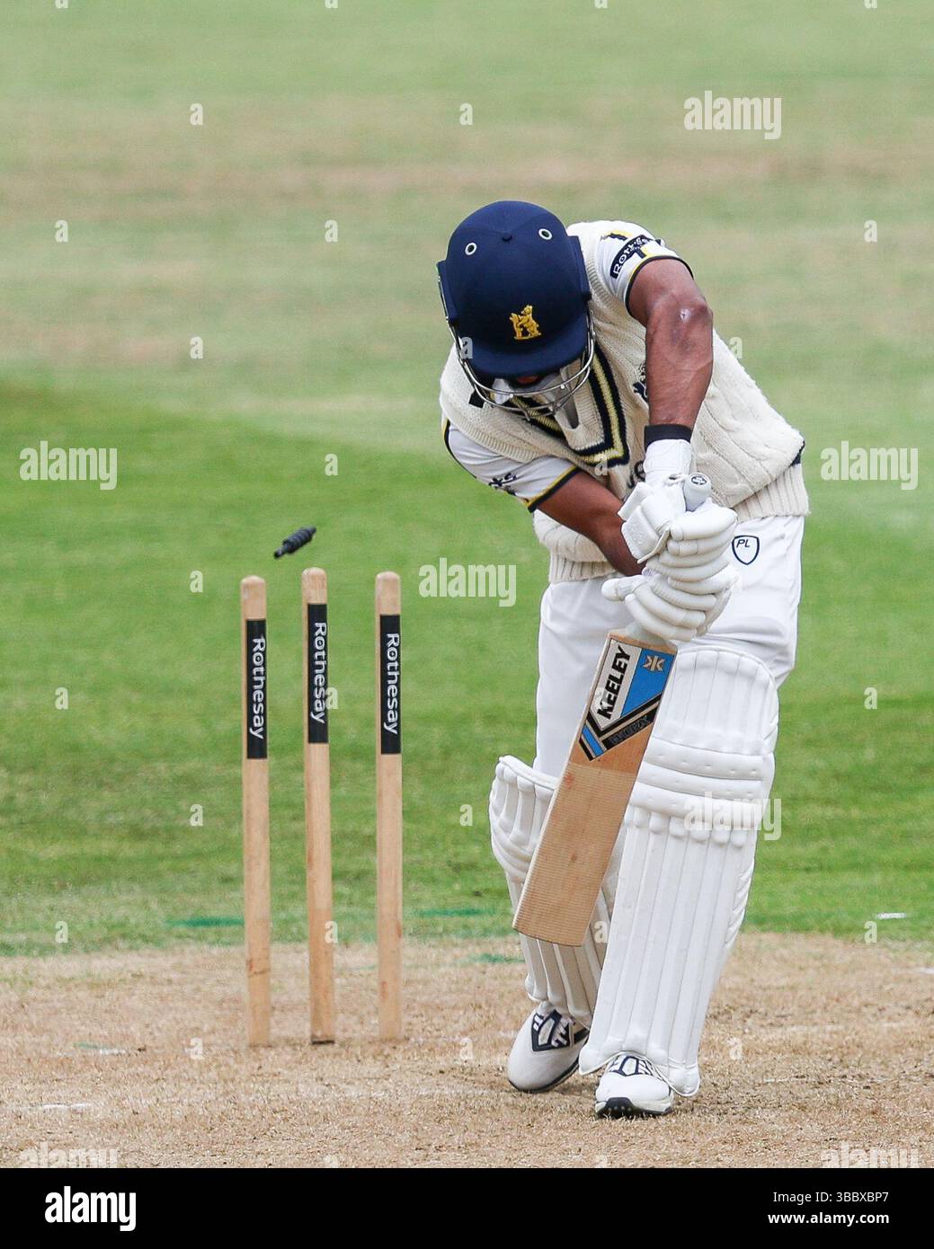 Birmingham, UK. 17th May, 2025. #8, Zen Malik of Warwickshire is bowled ...