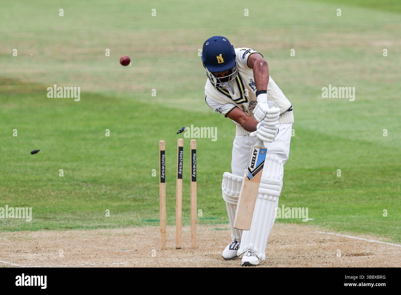 Birmingham, UK. 17th May, 2025. #8, Zen Malik of Warwickshire is bowled ...