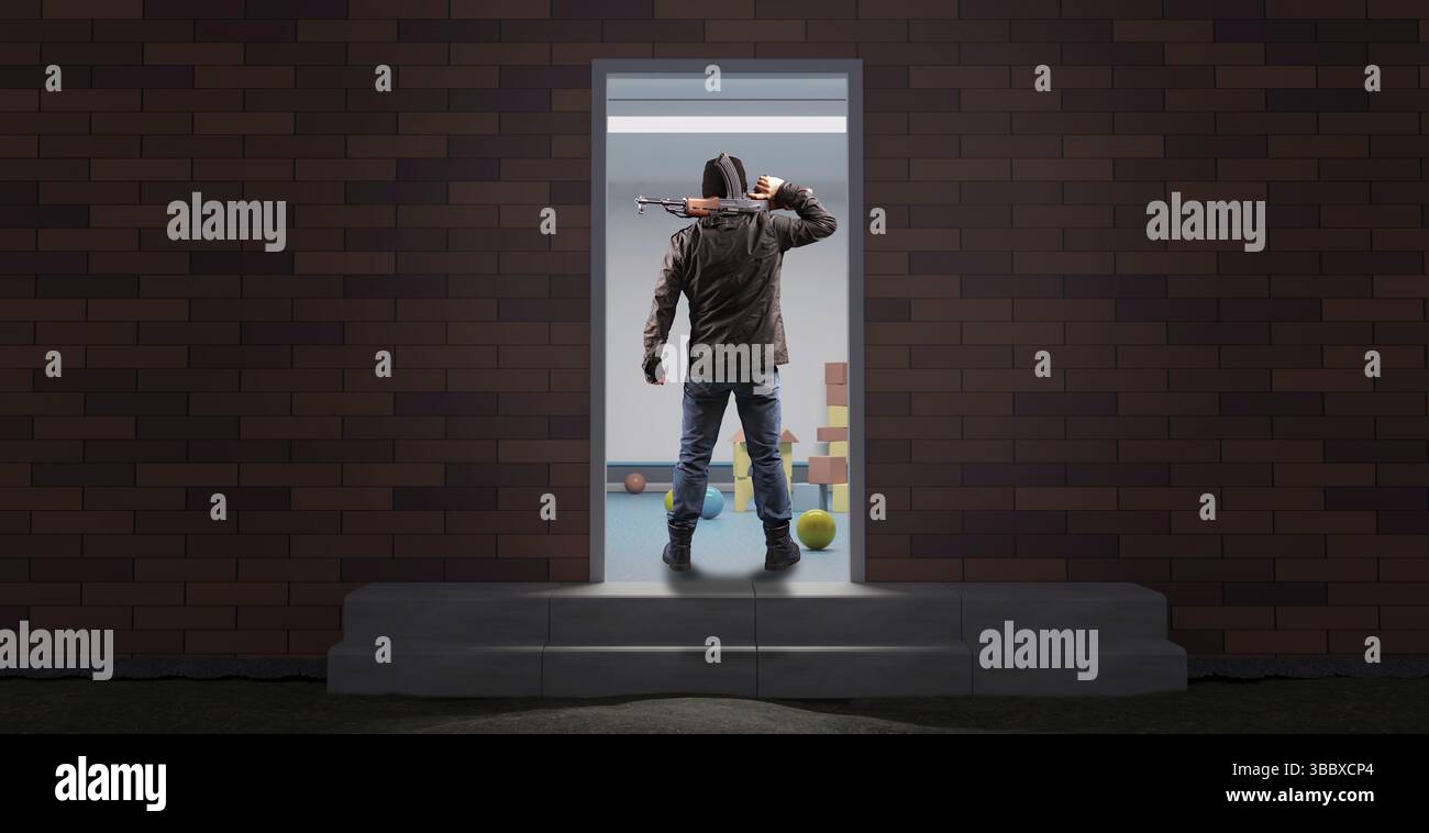 Terrorist attacker or assassin with a kalashnikov submachine gun during ...