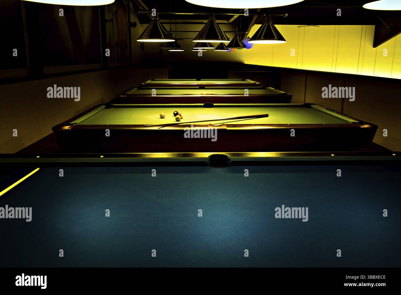 Billiard tables inside of billiard saloon Stock Photo - Alamy