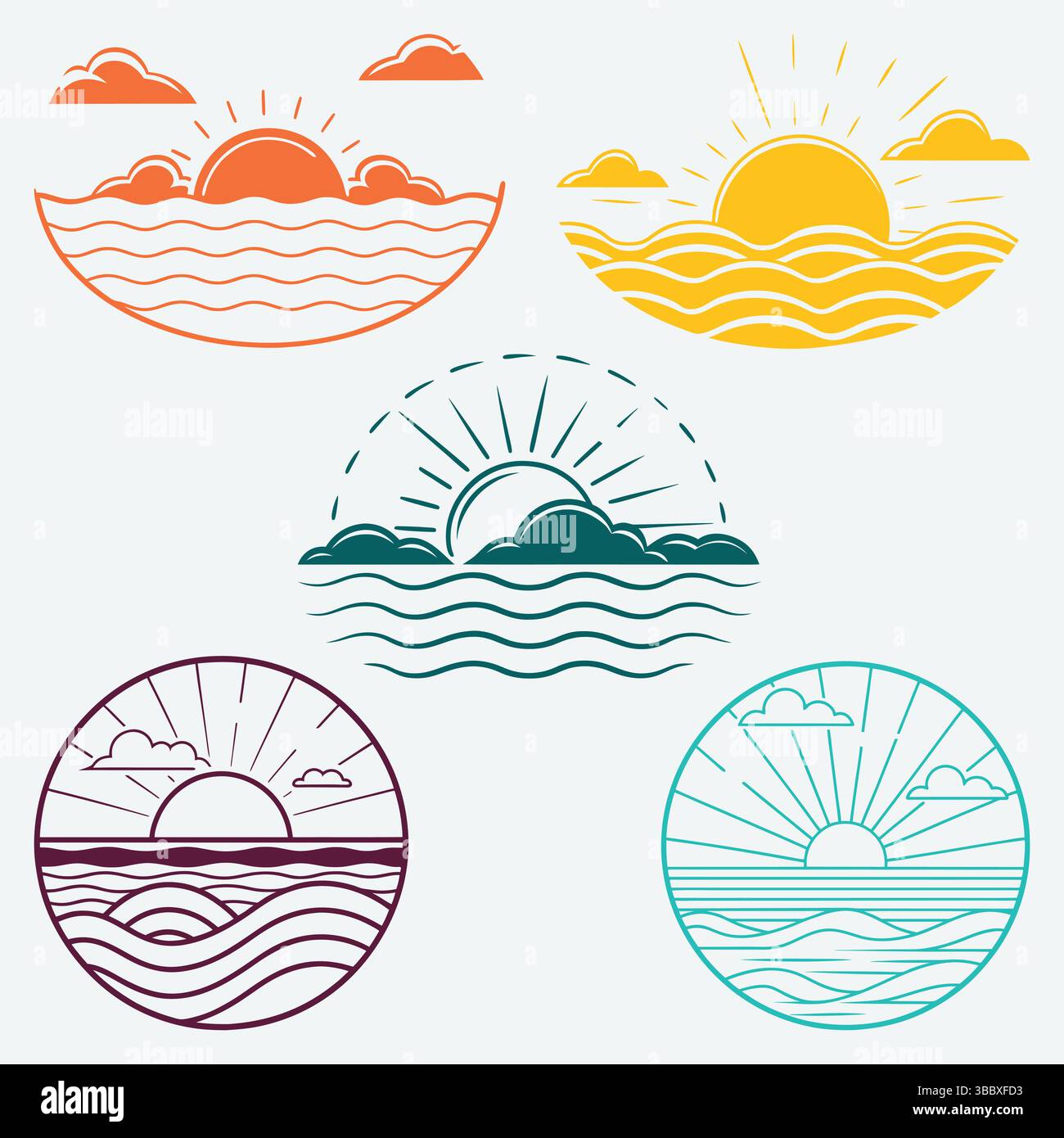 Collection of Colorful Linear Sunset Ocean Designs Stock Vector Image ...