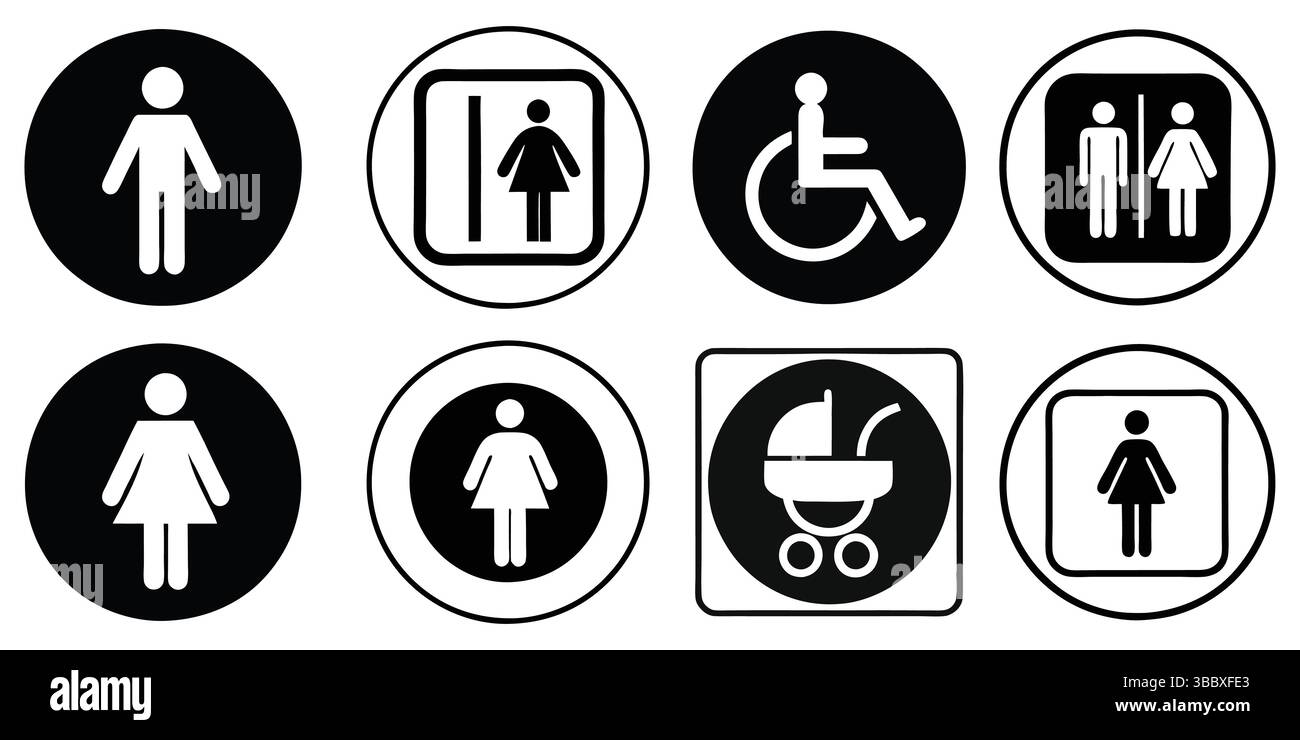 Collection of restroom and accessibility symbols in black and white ...