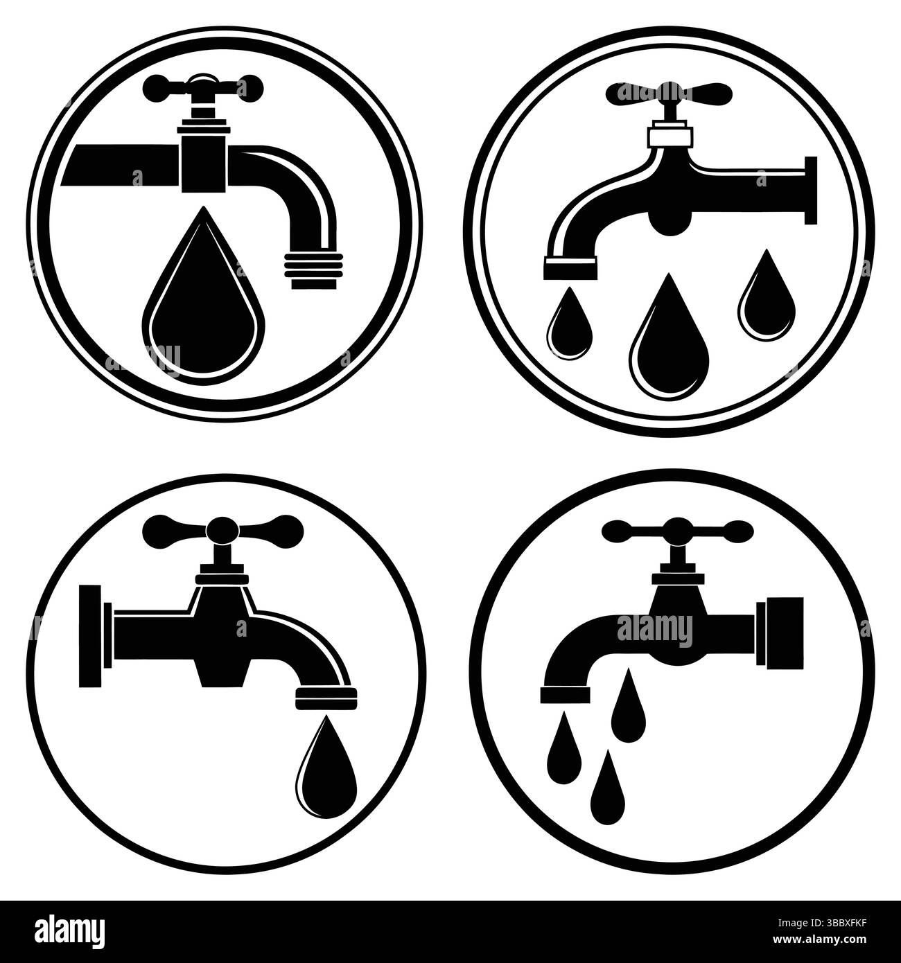 Four Simple Black and White Faucet Icons with Water Drops Stock Vector ...
