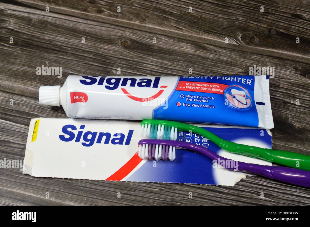 Cairo, Egypt, April 16 2025: toothpaste and teeth brush from Signal ...