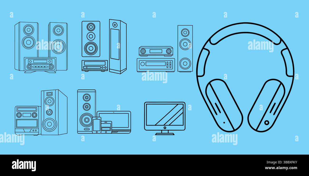 Outline illustrations of modern audio and entertainment technology ...
