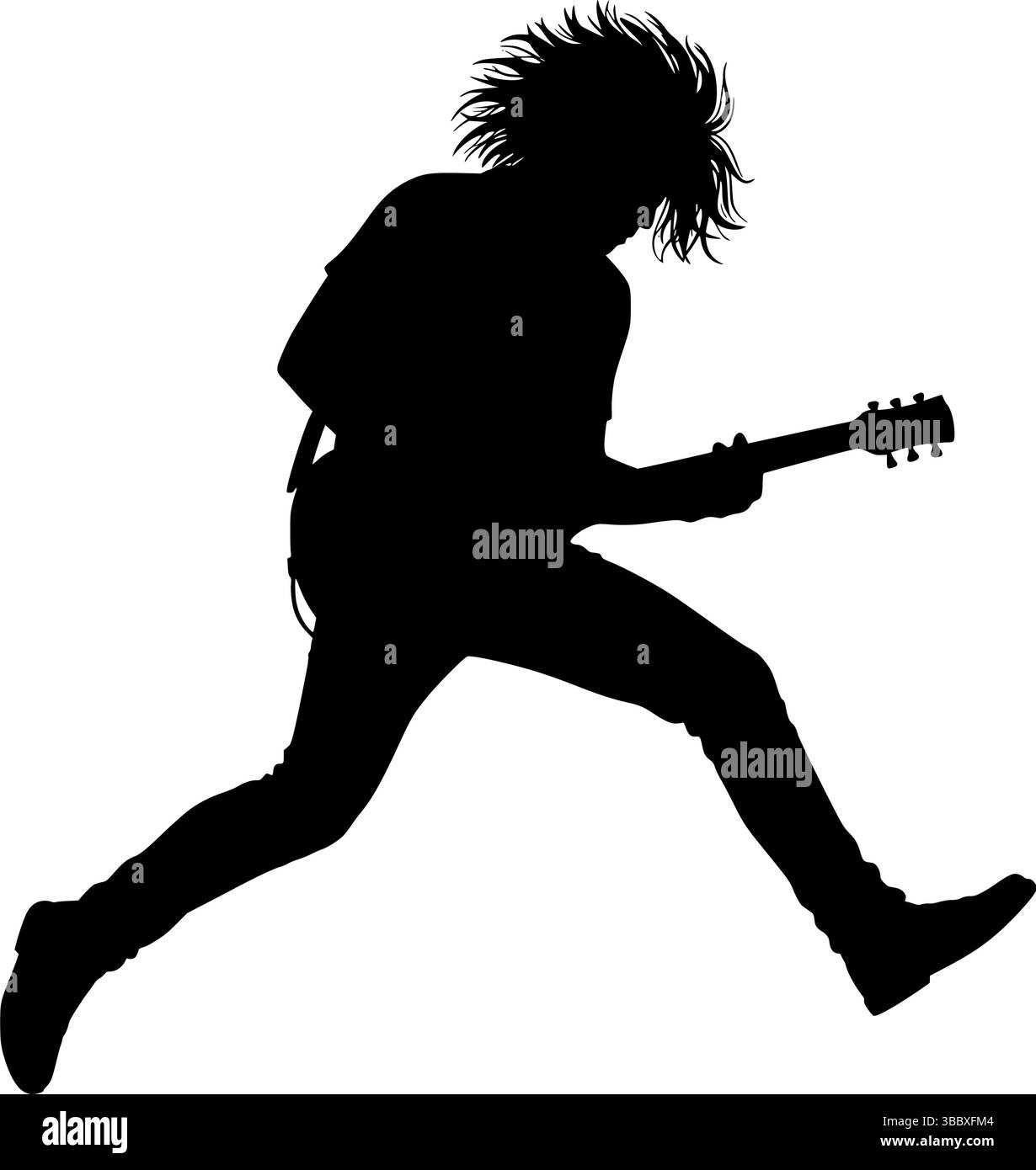 Energetic Guitarist Silhouette Jumping with Electric Guitar on ...