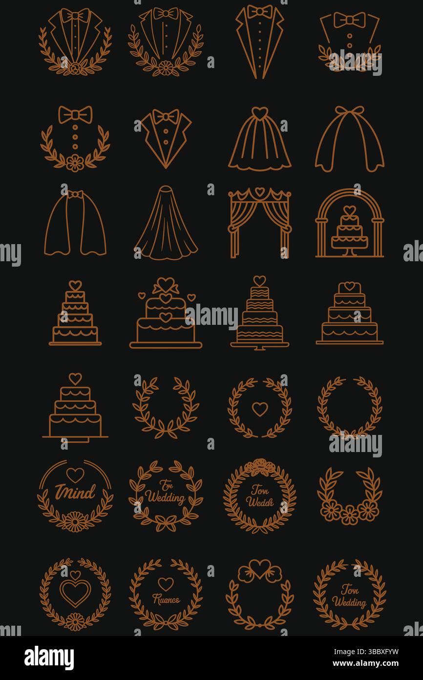 Elegant wedding design icons set in brown color featuring vector ...