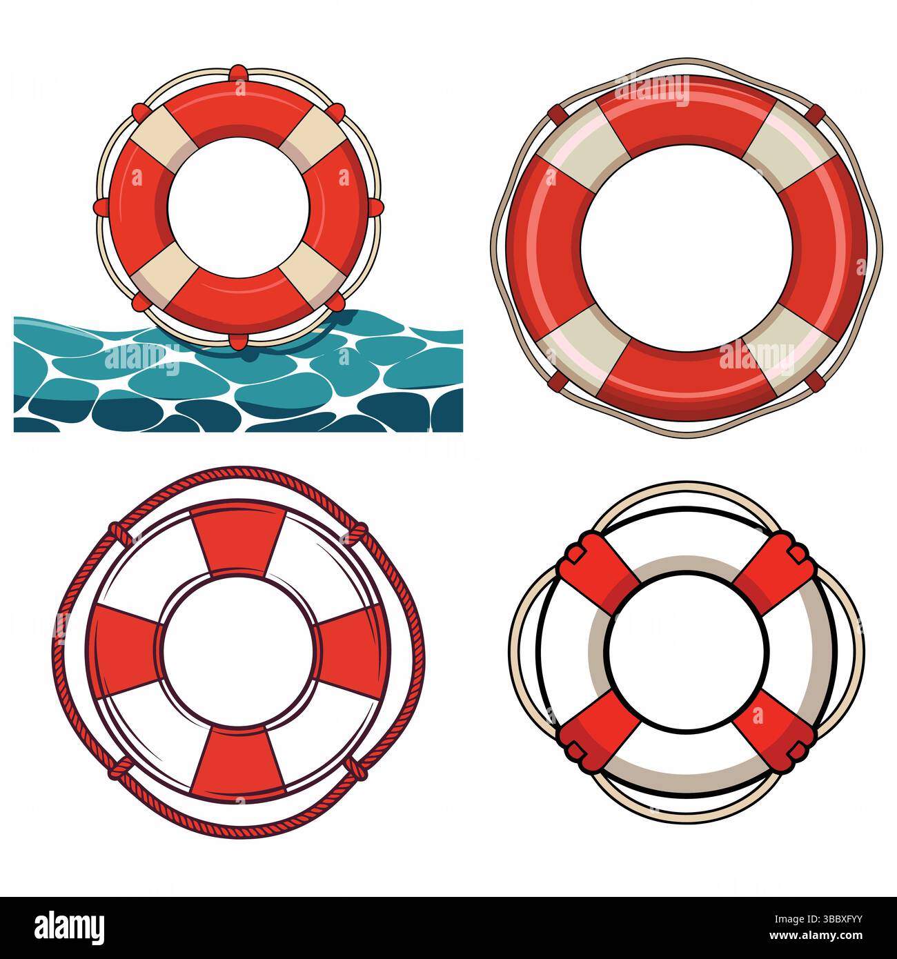 Four illustrated life buoys with different styles and details displayed on a white background ...