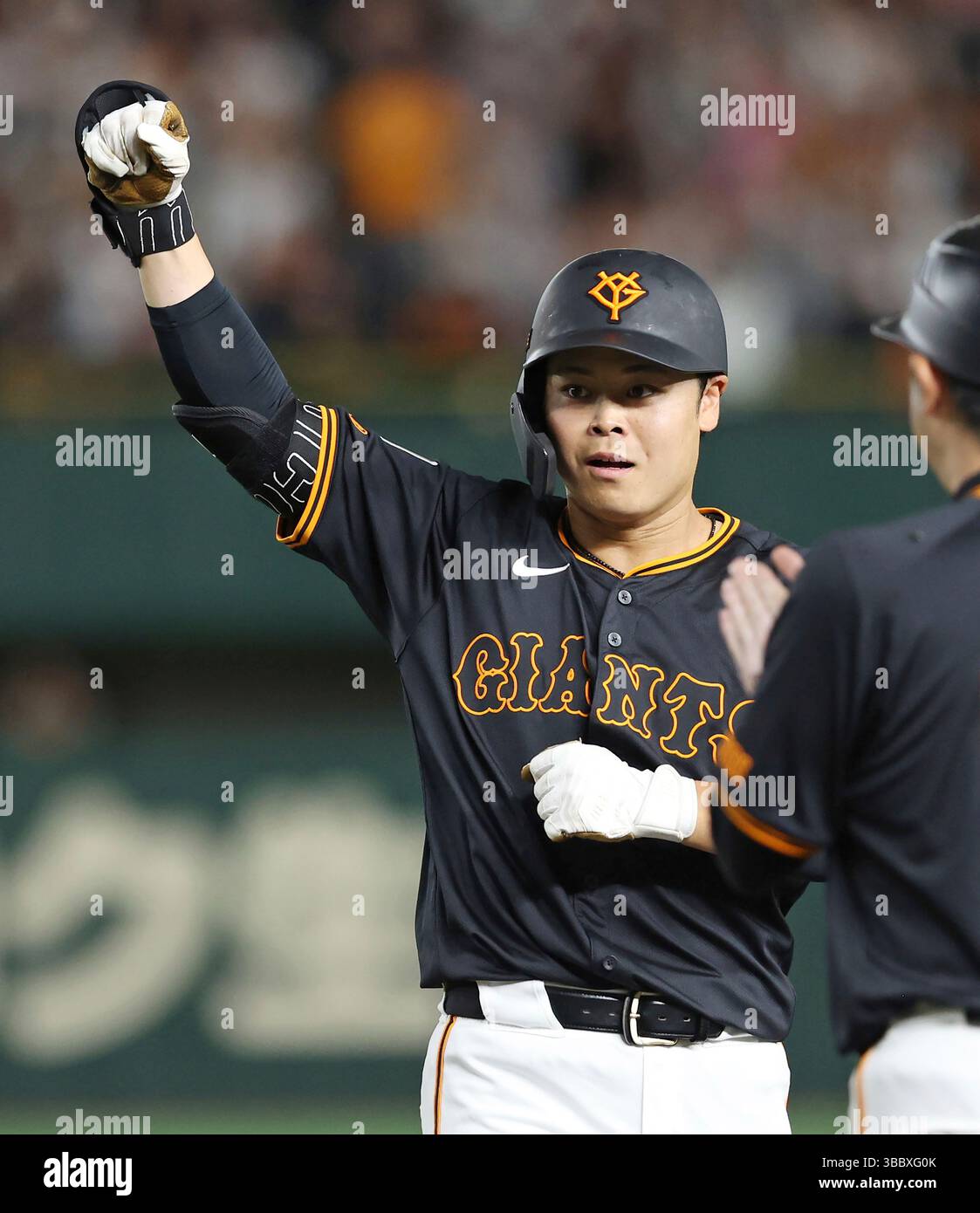 Yomiuri Giants third baseman Raito NAKAYAMA reacts after his single in ...