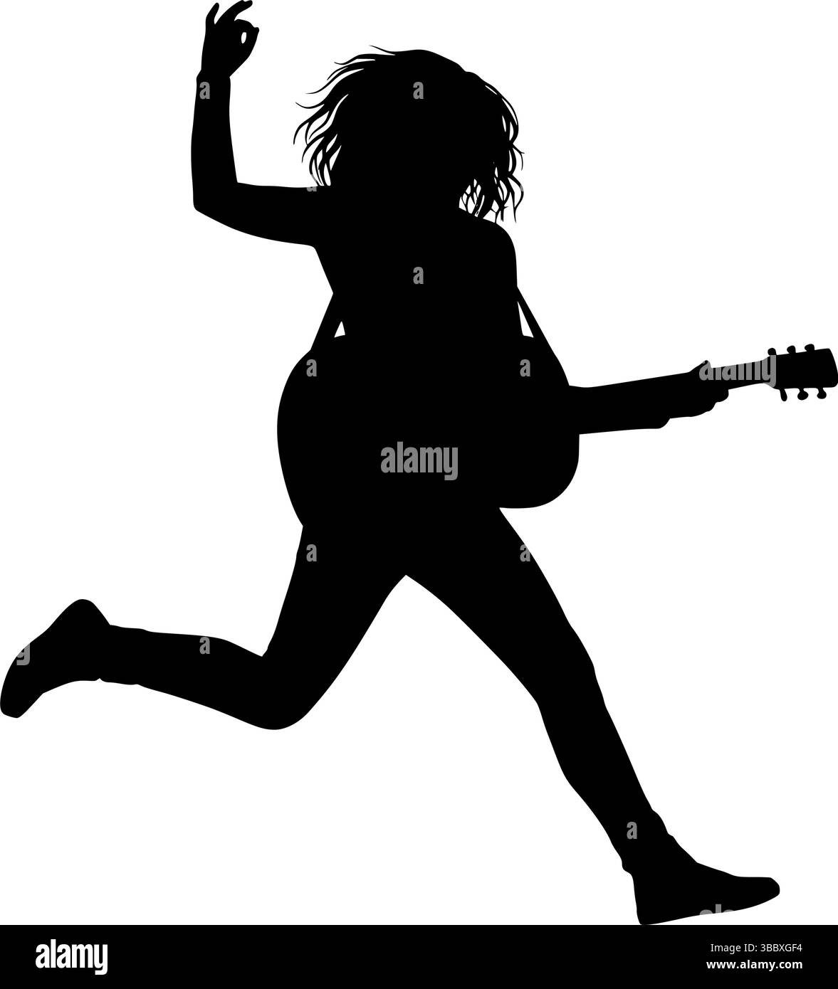 Energetic Guitarist Silhouette Jumping with Electric Guitar on ...
