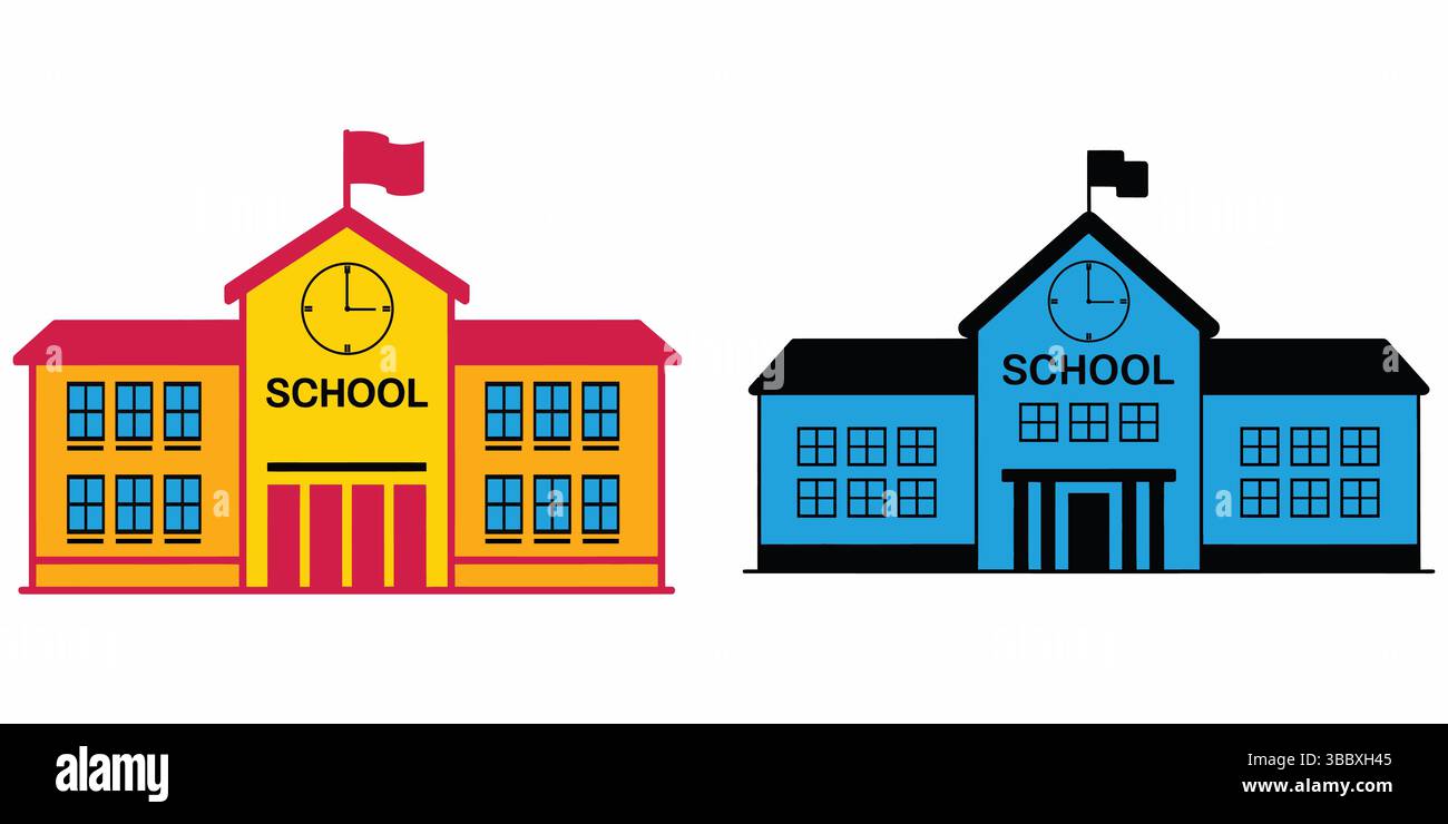 Colorful vector illustrations of school buildings in yellow and blue ...