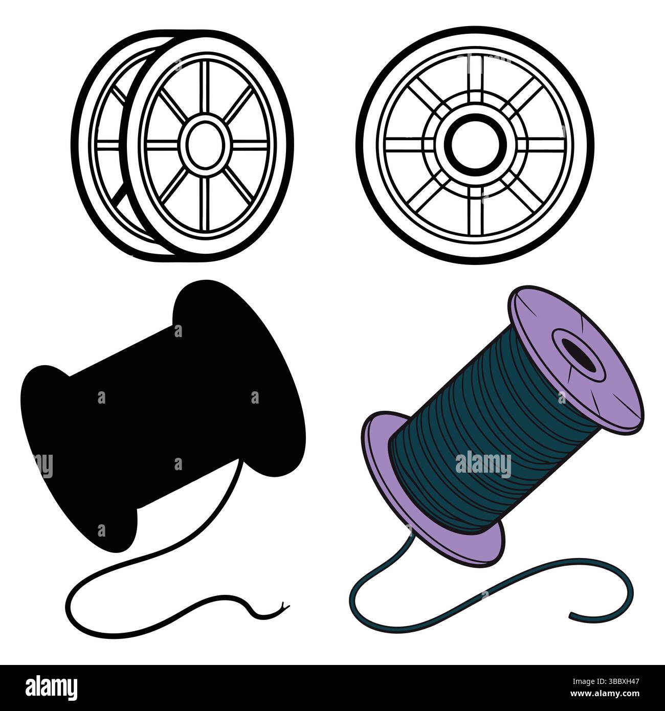 Set of four artistic spool designs featuring black and white ...