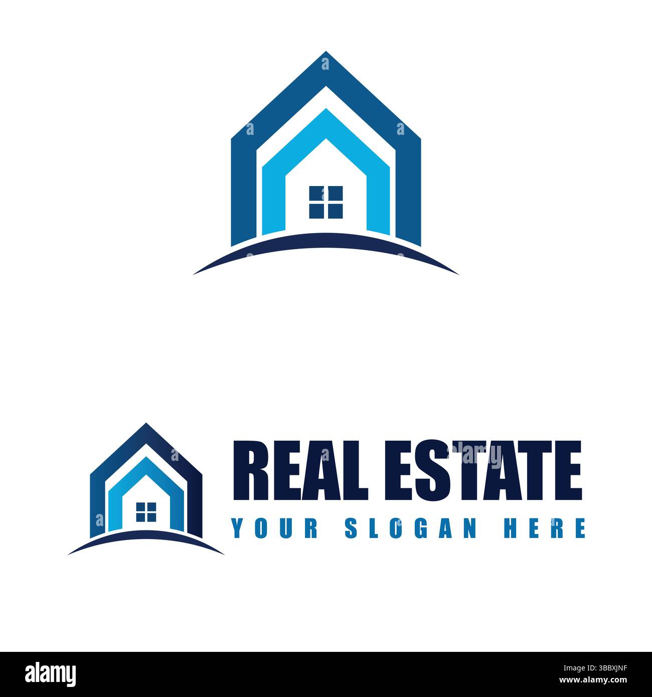 Modern blue real estate logo with house, curved base, vector design ...