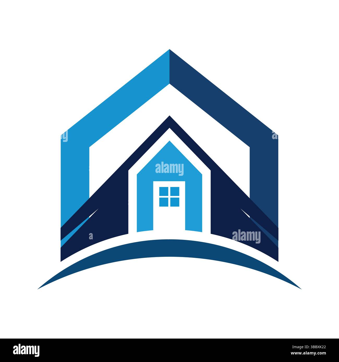 Sleek blue house logo with window, curved base, vector design, real ...