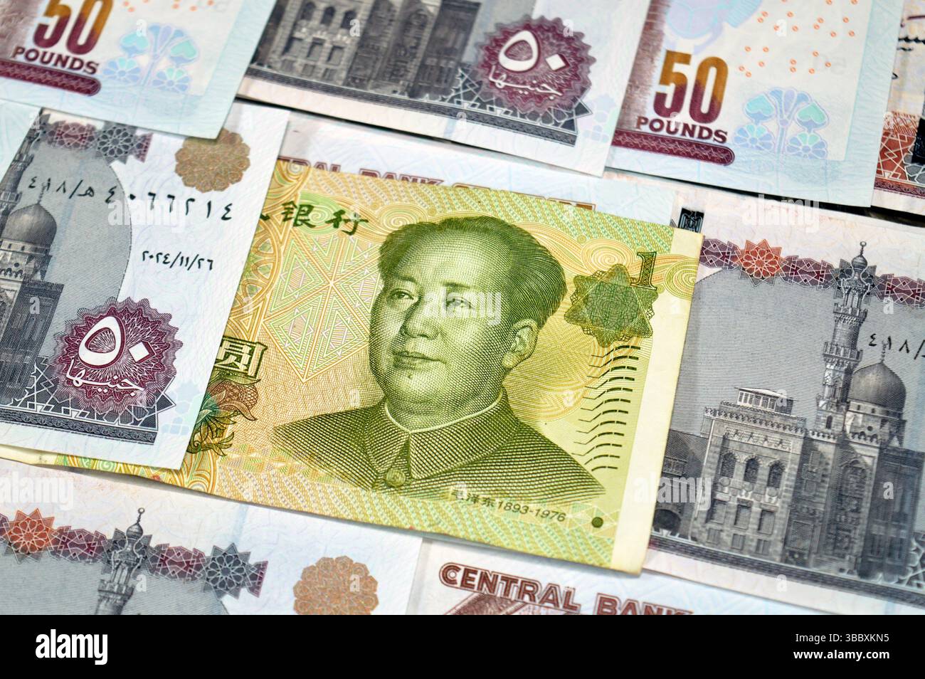 Chinese Yuan cash money bill banknote and Piles and Stacks of Egypt ...