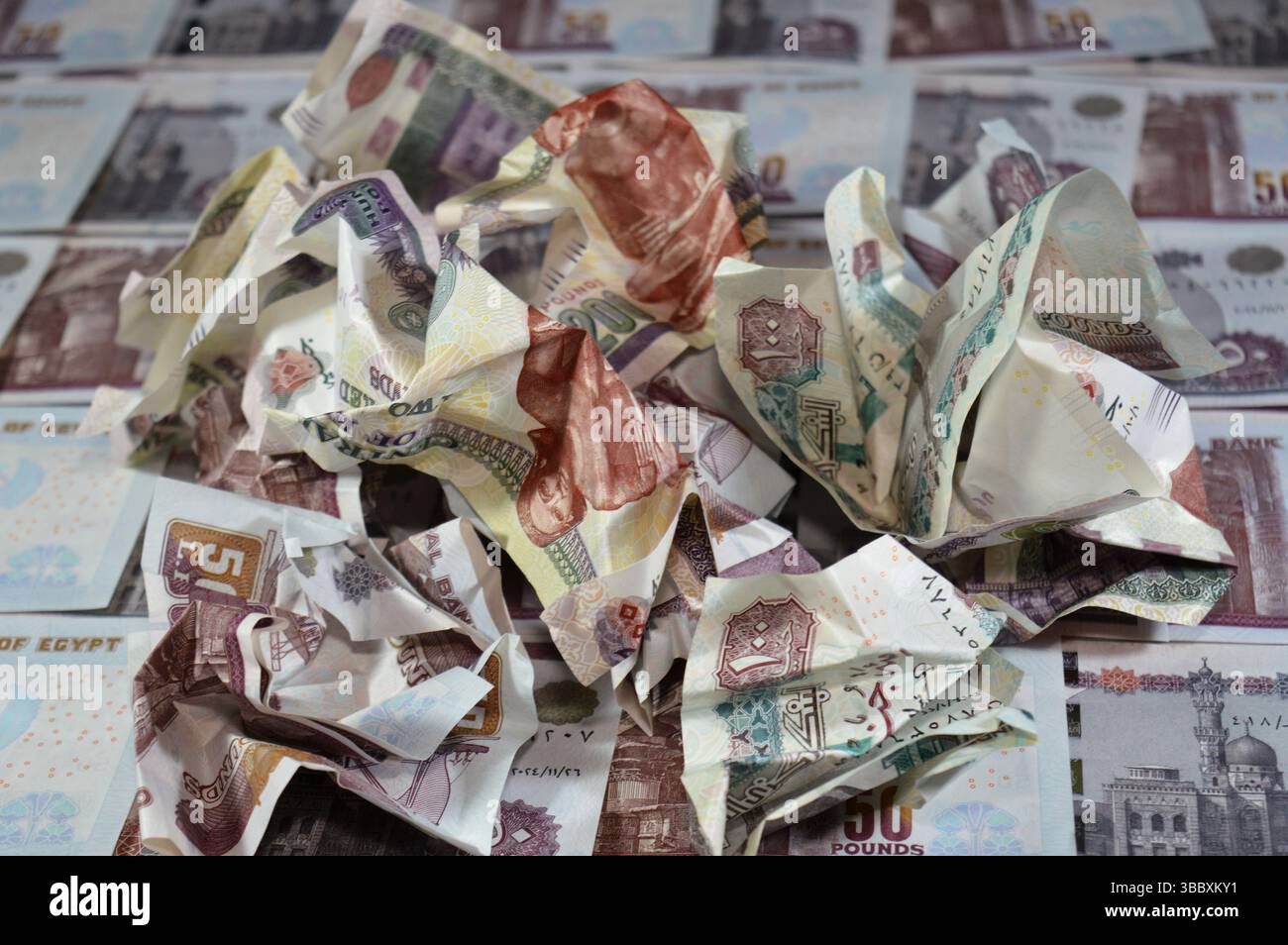 Pile of crumpled Egyptian money pounds EGP LE banknotes, wrinkled ...